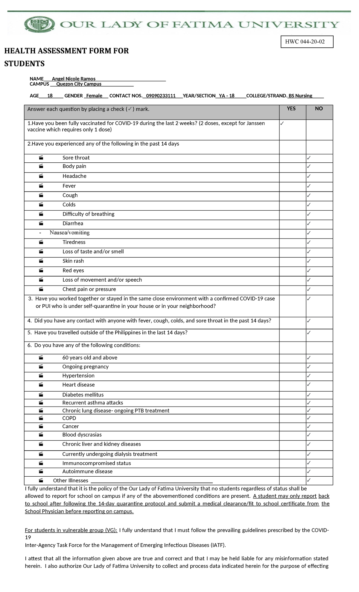 Health Assessment Form for Student 02 - HWC 044-20- HEALTH ASSESSMENT ...