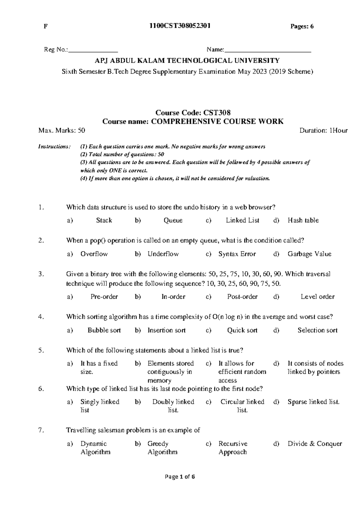 6 CST308 QP may 23 - question paper - 1100CST Course Code: CST 308 Course name: COMPREHENSIVE ...