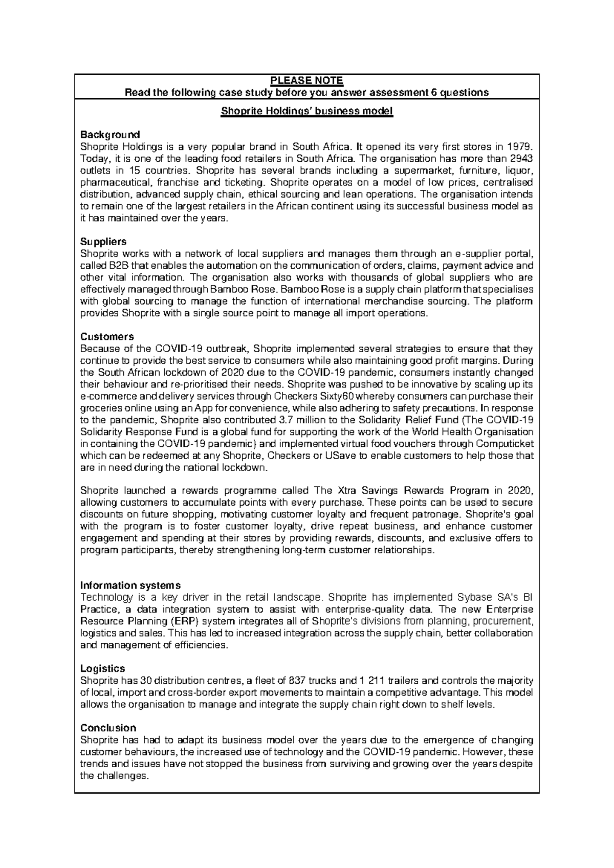 Shoprite Case Study for assessment 6 - PLEASE NOTE Read the following case study before you ...
