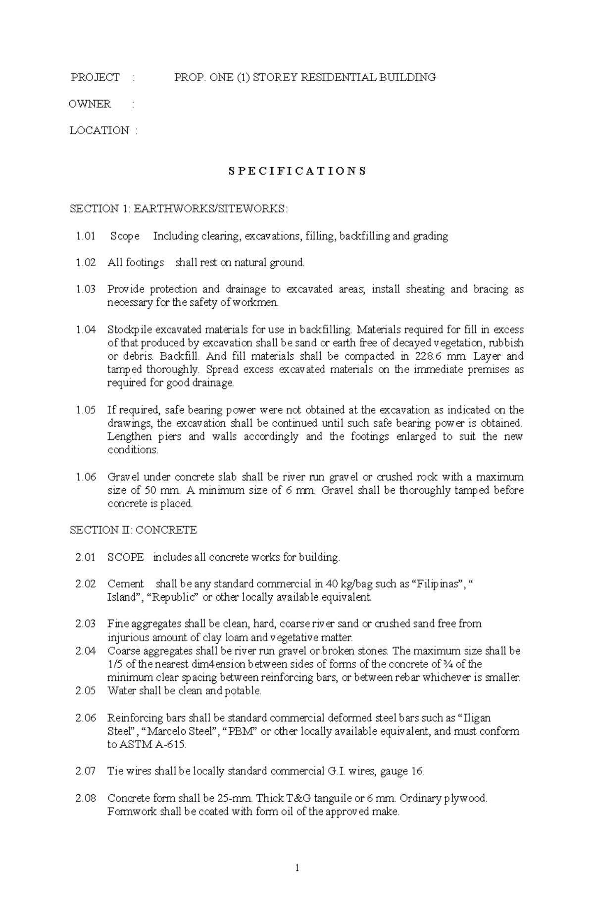 Spec 101 - Summary BS in Civil Engineering - PROJECT : PROP. ONE (1 ...