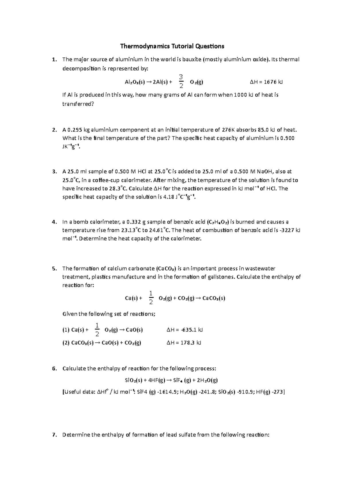 Thermodynamics and Electrochemistry Tutorial Questions - Studocu
