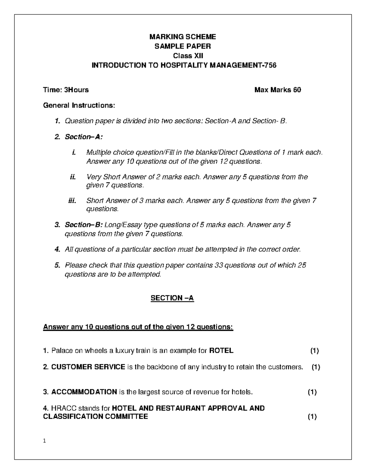 Answers Ntroduction TO Hospitality Management-XII - MARKING SCHEME ...