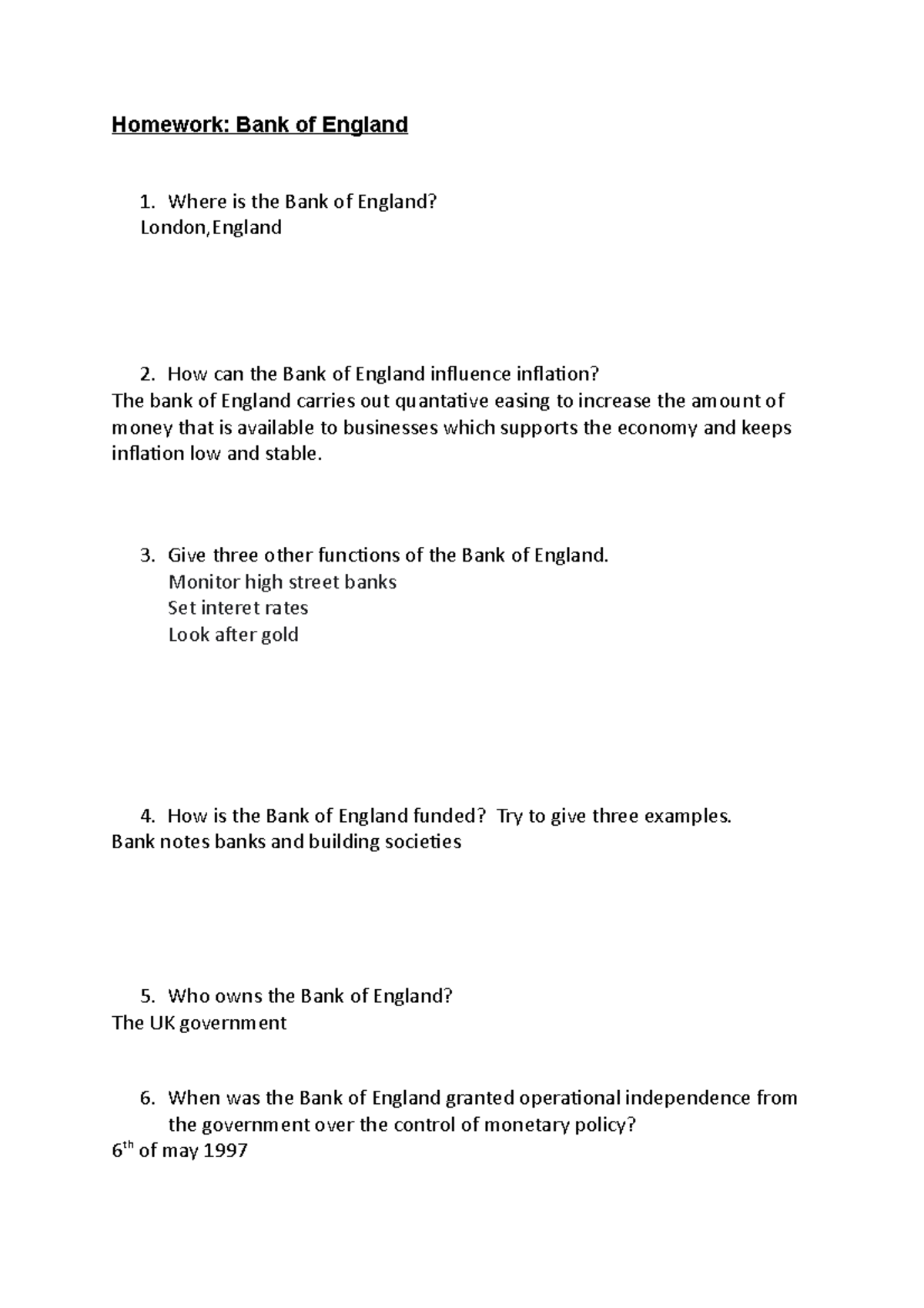 Homework for the human body tutorial work - Homework: Bank of England ...