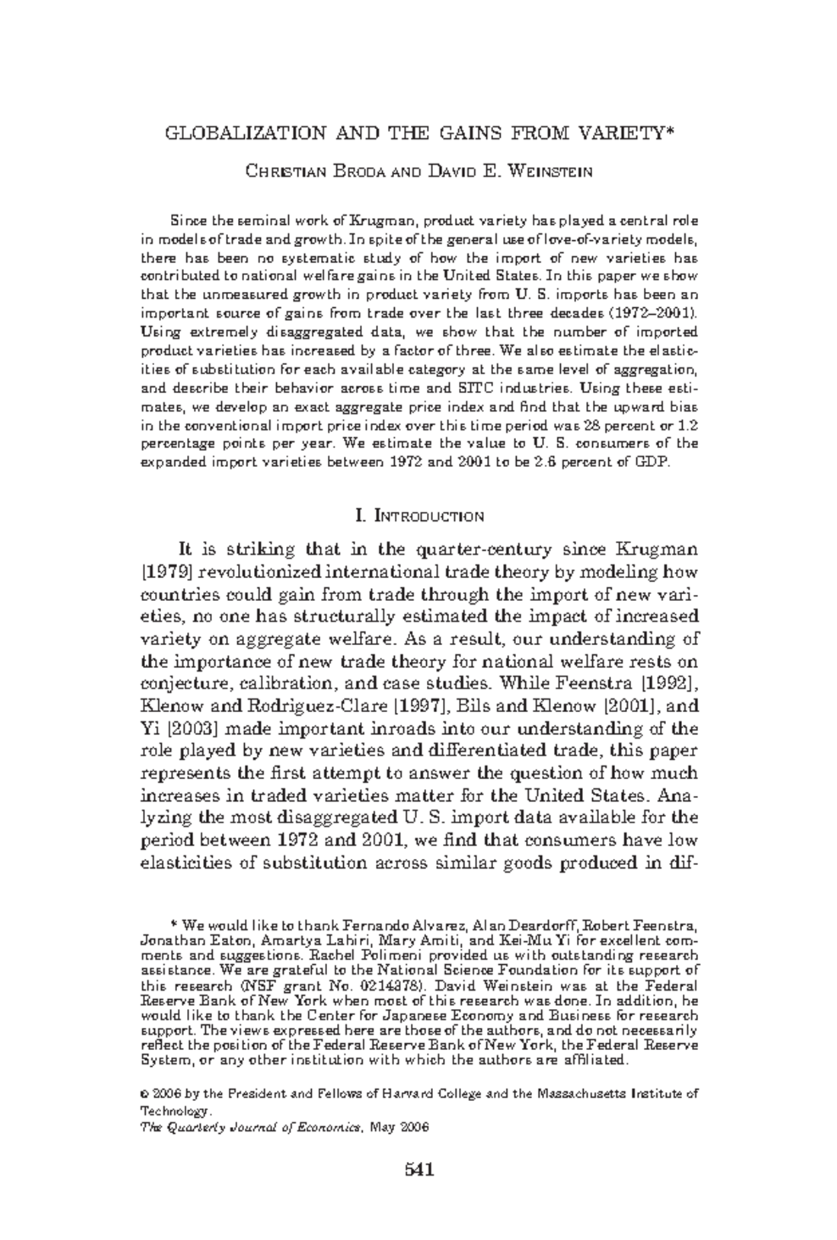 Globalization and the gains from variety - Broda and Weinstein (2006 ...