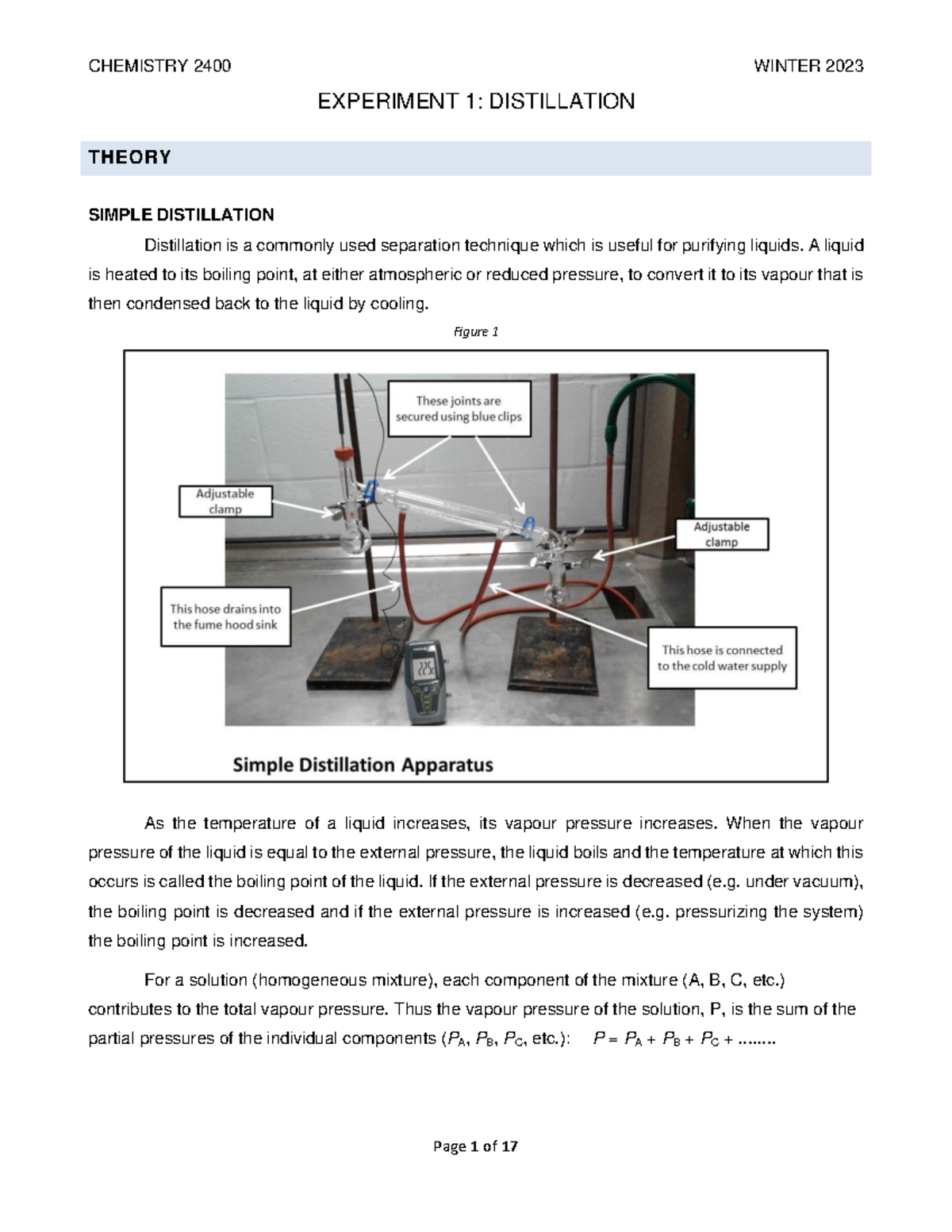 Experiment 1 Distillation - CHEMISTRY 2400 WINTER 2023 EXPERIMENT 1 ...