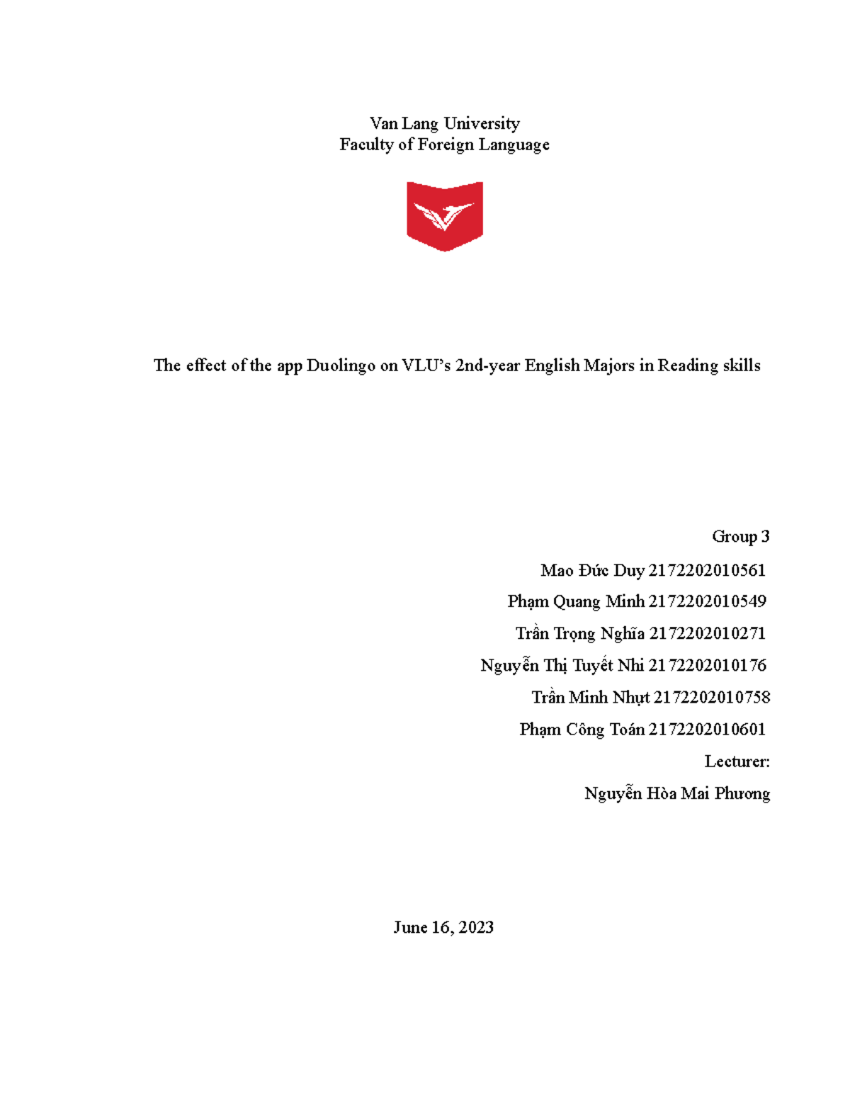 Bài cuối kì nhóm 3 - research method - Van Lang University Faculty of Foreign Language The ...