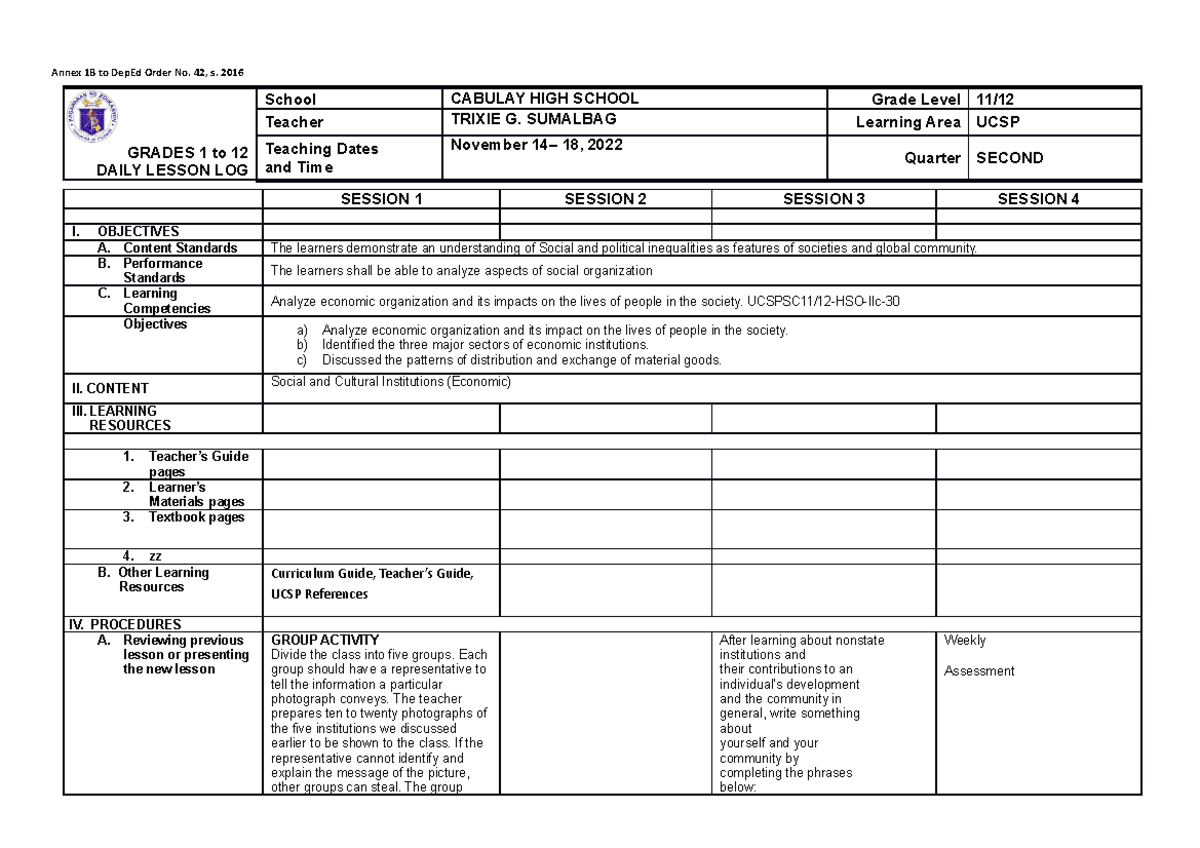 Week 12 - asasasa - Annex 1B to DepEd Order No. 42, s. 2016 GRADES 1 to 12 DAILY LESSON LOG ...
