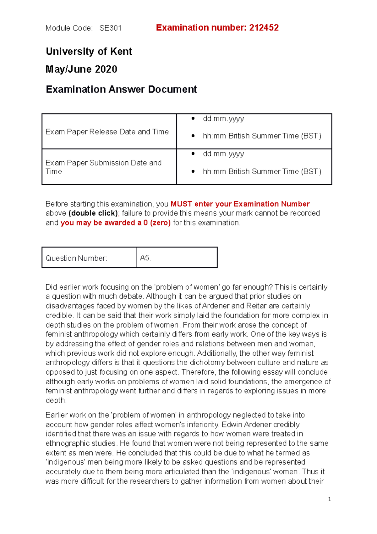 Anthropology Exam Booklet - University of Kent May/June 2020 ...