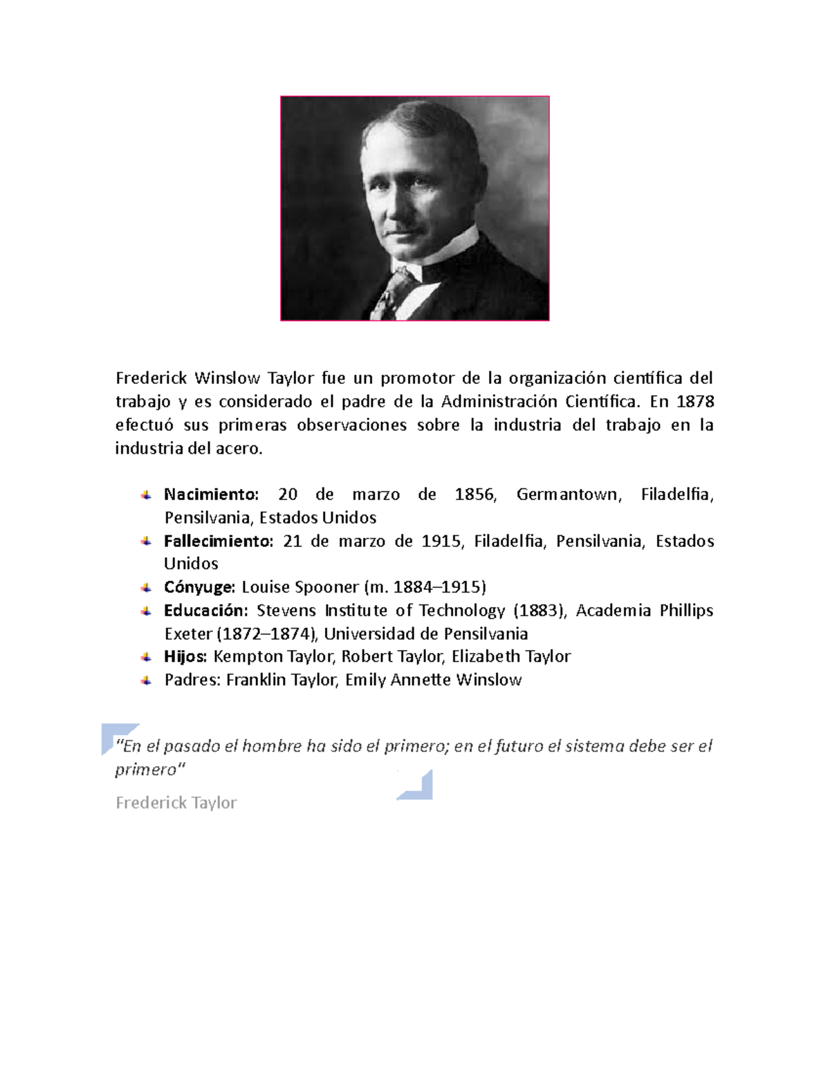 Biografia DE Frederick Winslow Taylor - Frederick Winslow Taylor fue un ...