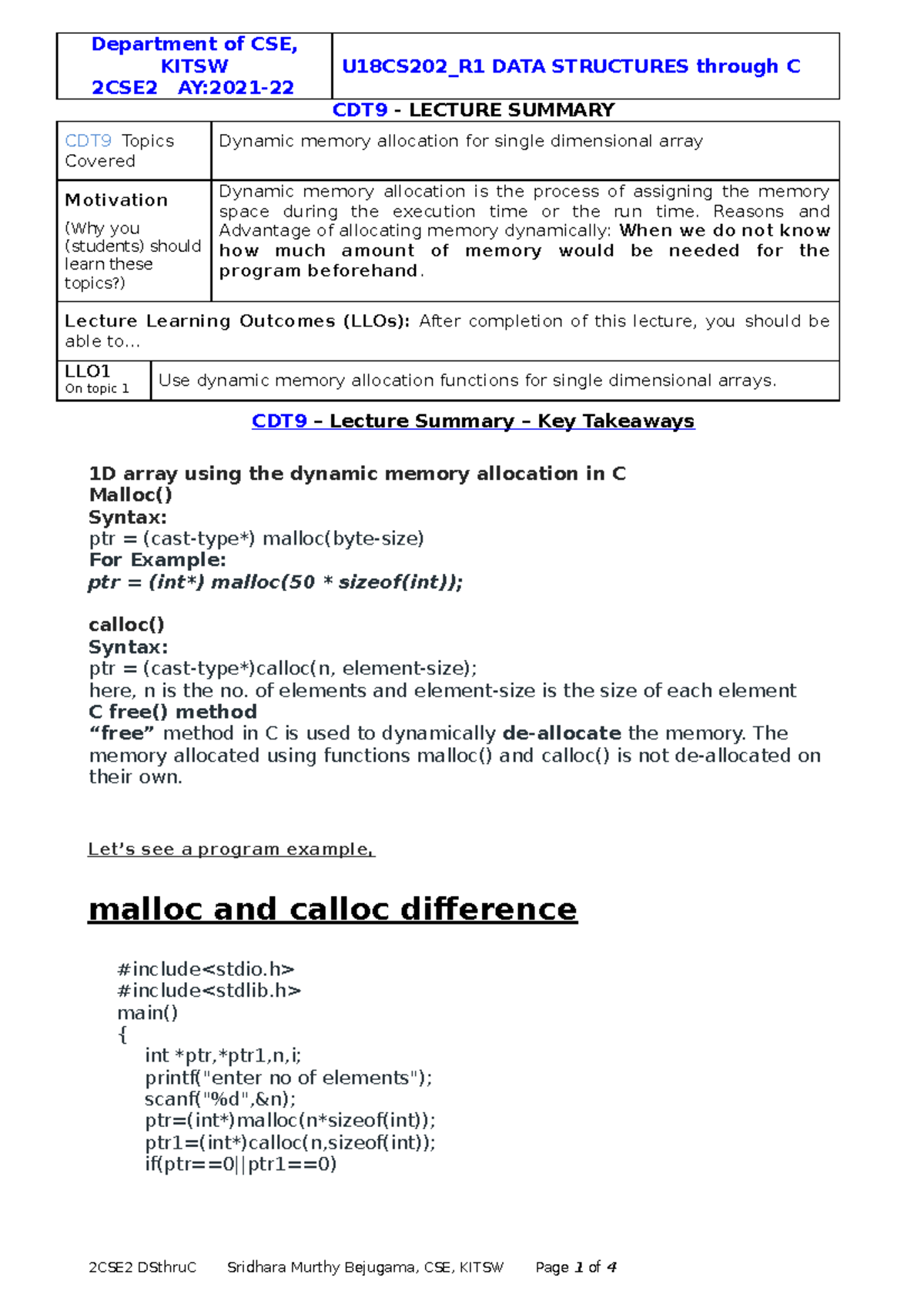 DS CDT9 Summary - Notes for DS - KITSW 2CSE2 AY:2021- U18CS202_R1 DATA ...