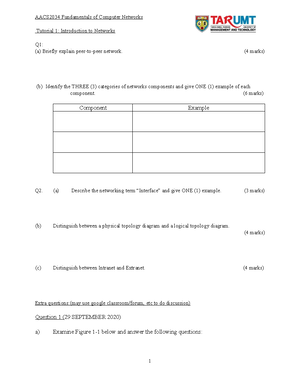 AACS2034 Fundamentals of Computer Network - Tutorial 1: Introduction to Networks Q1. (a) Briefly ...