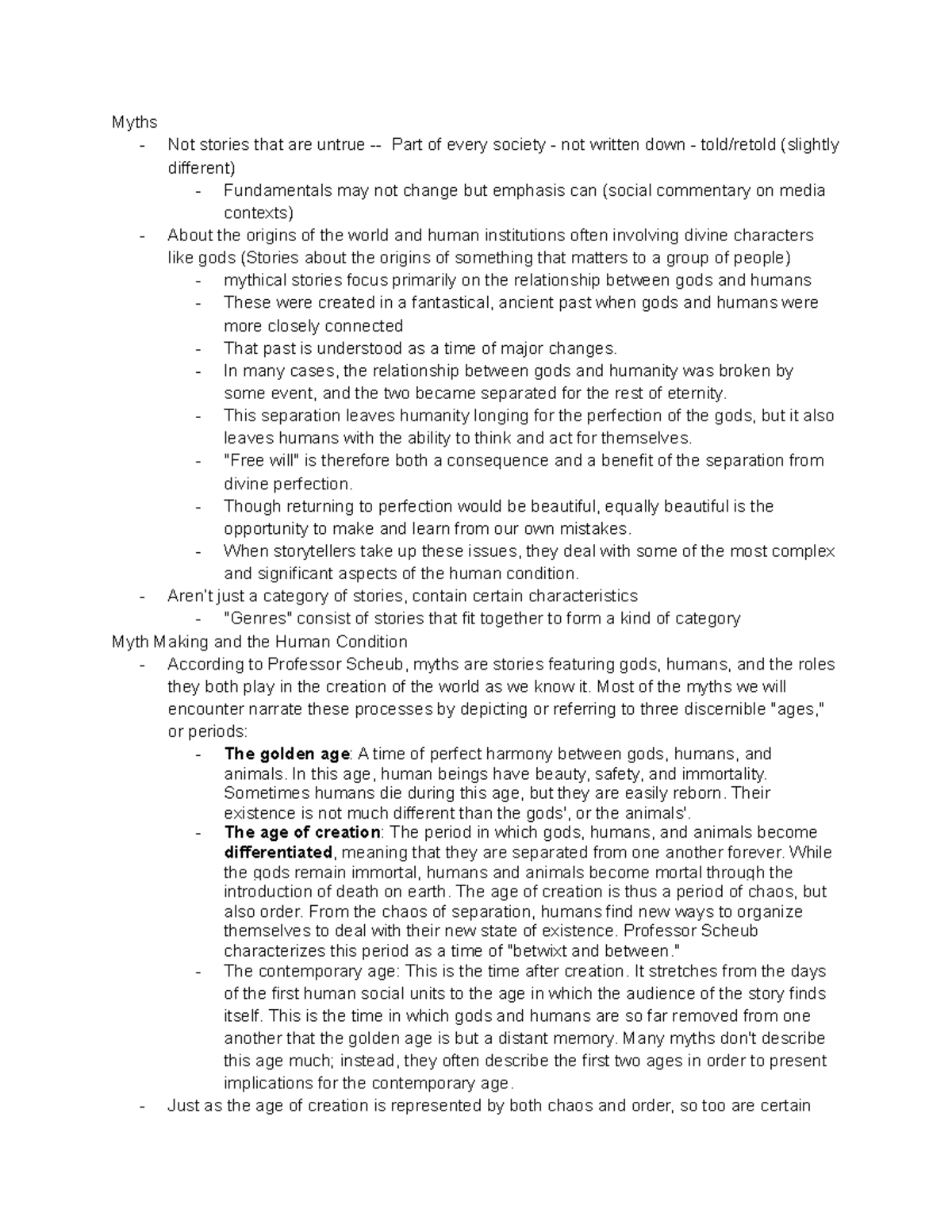 Week 2 Lecture Notes 2 Myths Not Stories That Are Untrue Part Of Every Society Not