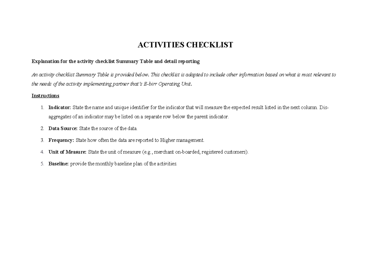 Activities Checklist sample - ACTIVITIES CHECKLIST Explanation for the ...