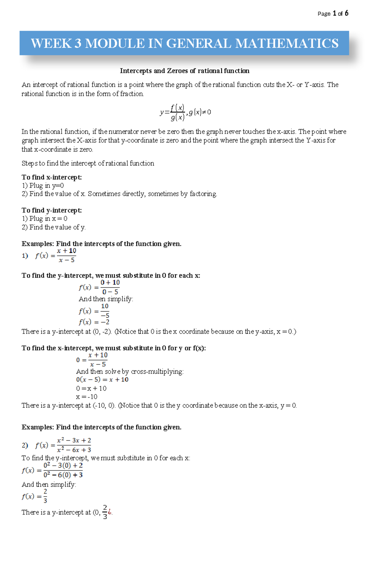 Quarter 1 WEEK 3 GEN MATH 11 - Intercepts and Zeroes of rational ...
