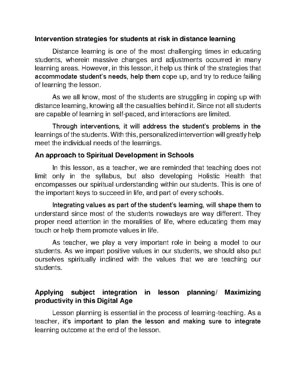 Summary OF Learning - Intervention strategies for students at risk in ...