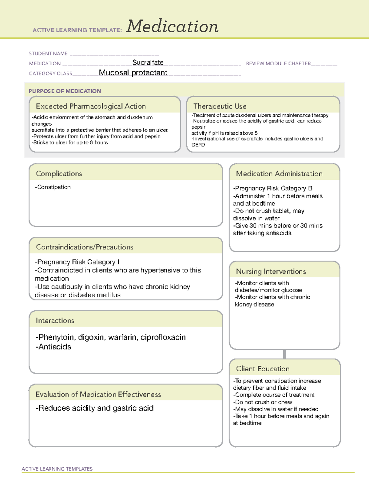Sucralfate Ati Med Temp ACTIVE LEARNING TEMPLATES Medication
