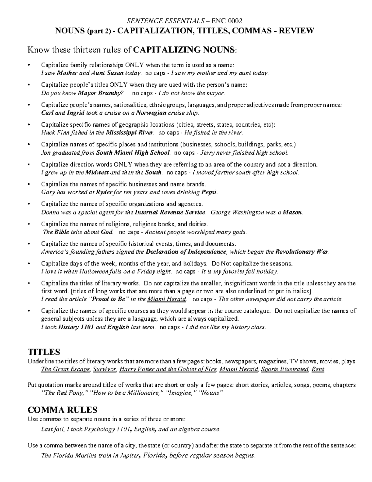 Nouns 2 capitalization - review - SENTENCE ESSENTIALS – ENC 0002 NOUNS ...