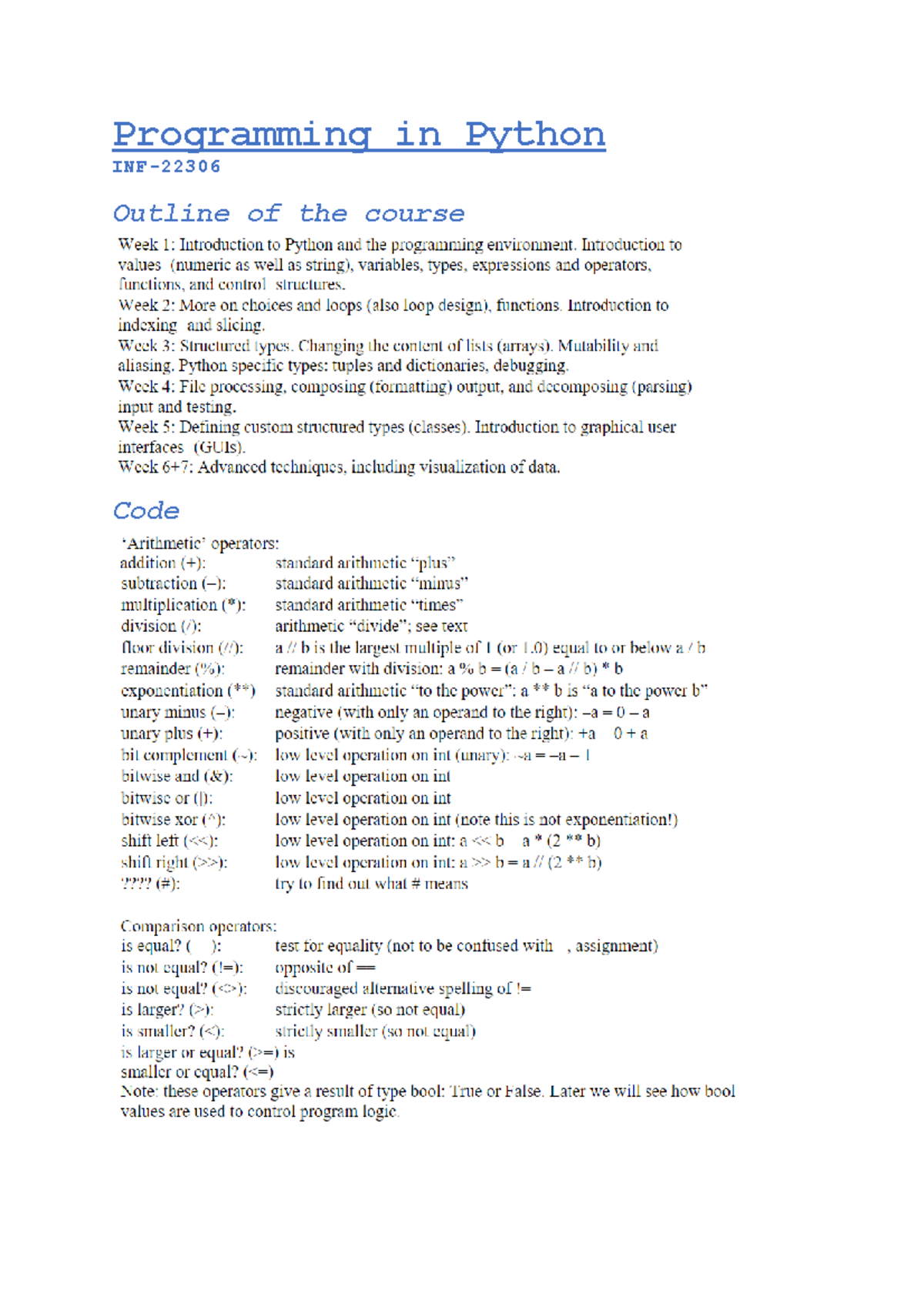 INF-22306 Programming in Python - Programming in Python INF- Outline of ...