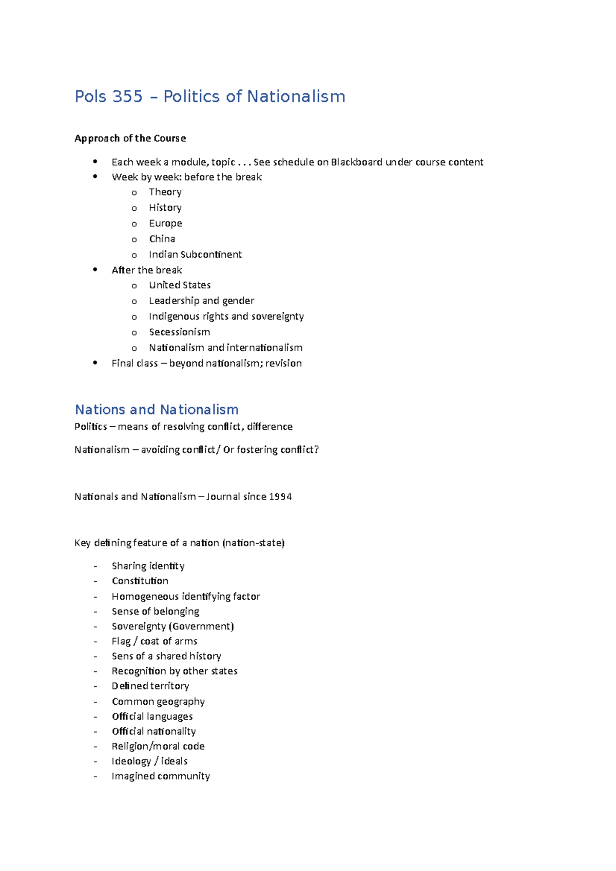 Pols 355 - Nationalism - All lectures and accompanying notes - Pols 355 ...