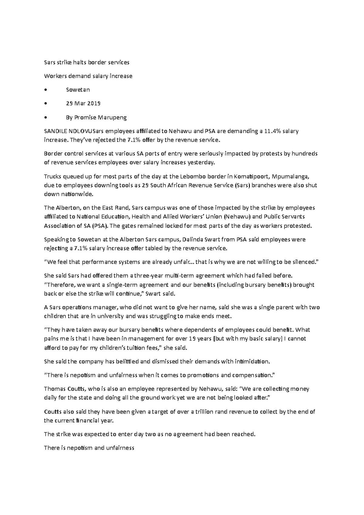 March ( Extra)Article - Sars strike halts border services Workers ...