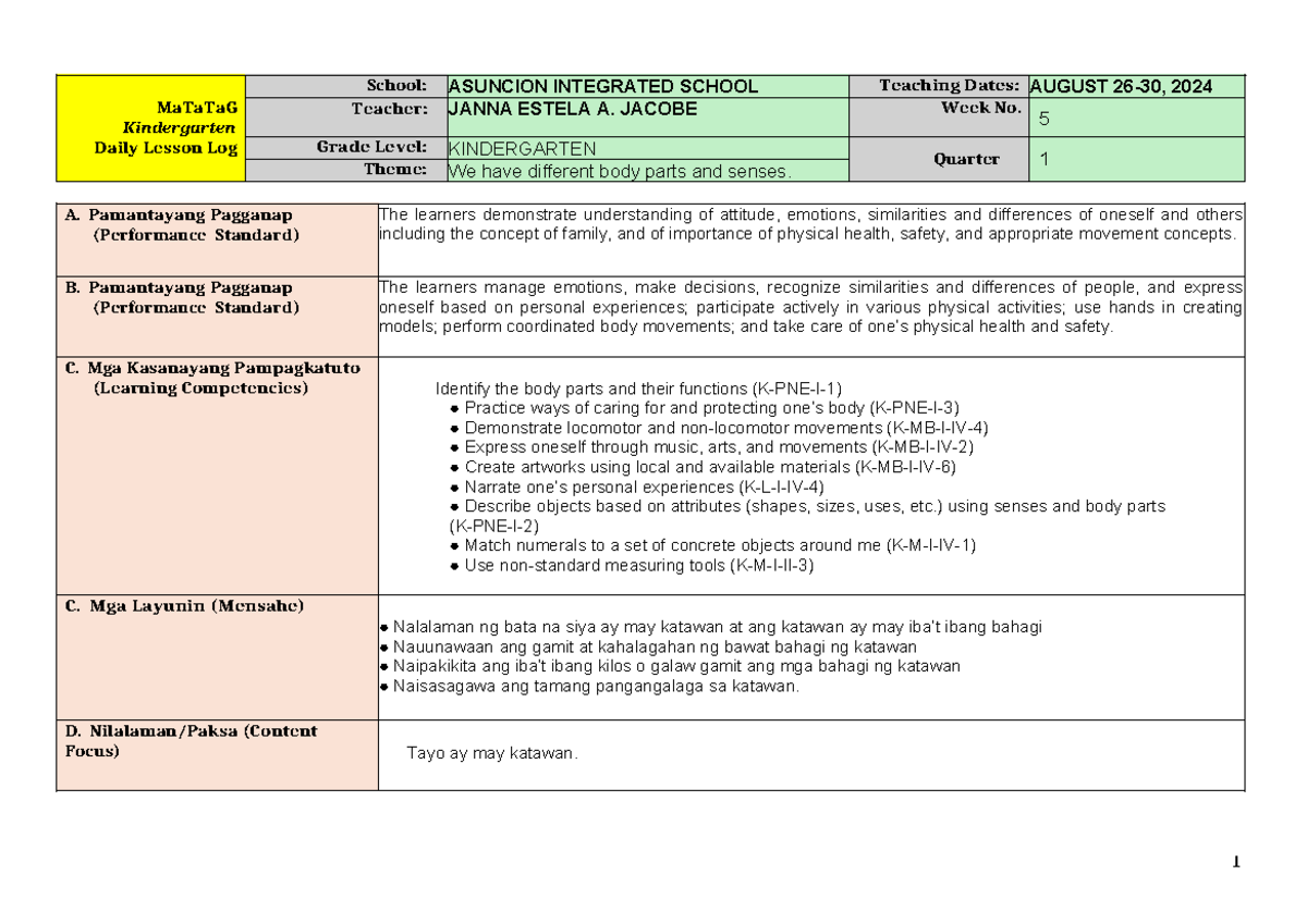 Kinder-DLL-Theme-1-Wk.5 - MaTaTaG Kindergarten Daily Lesson Log School ...
