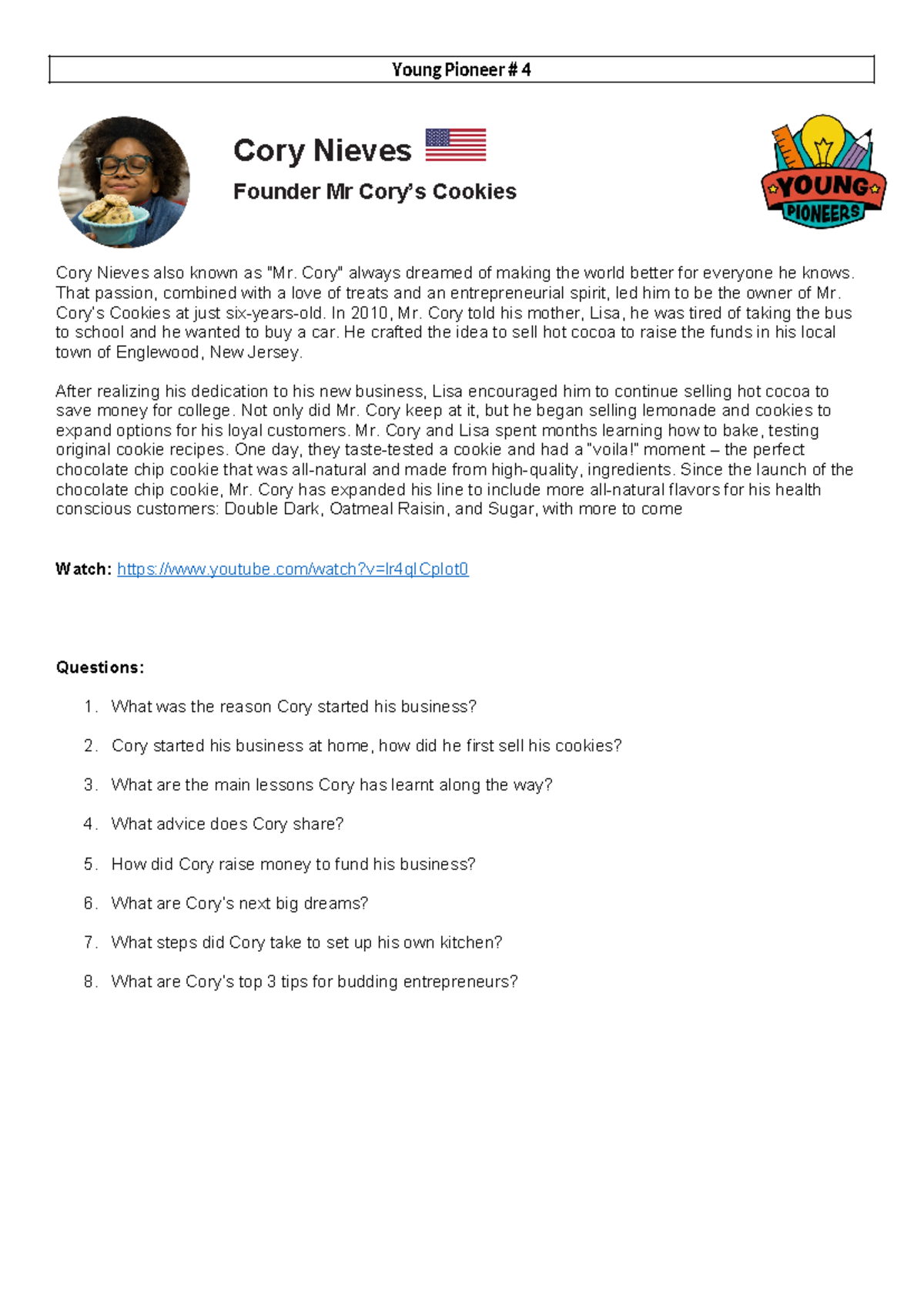 4 Mr Cory’s Cookies Cory Nieves - Young Pioneer # 4 Cory Nieves Founder ...