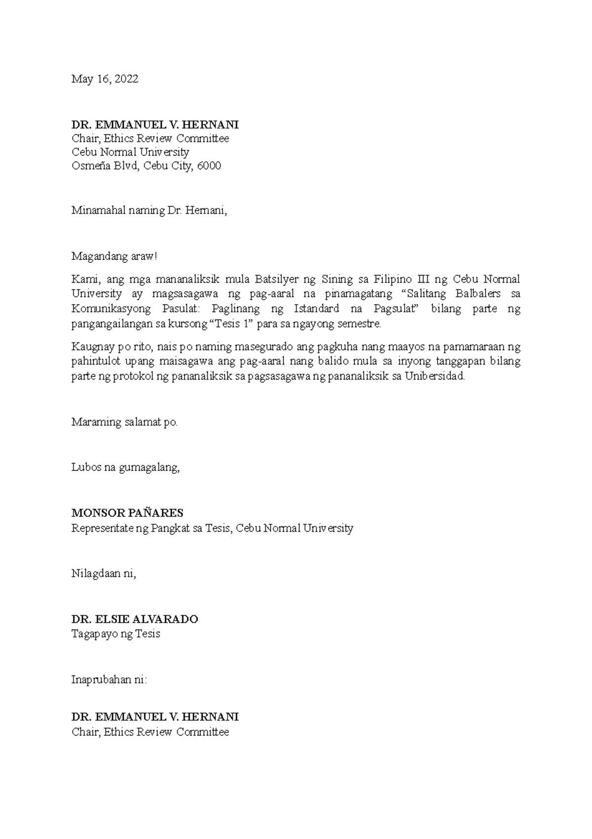 Letter addressed to Ethics Review Committee - May 16, 2022 DR. EMMANUEL ...