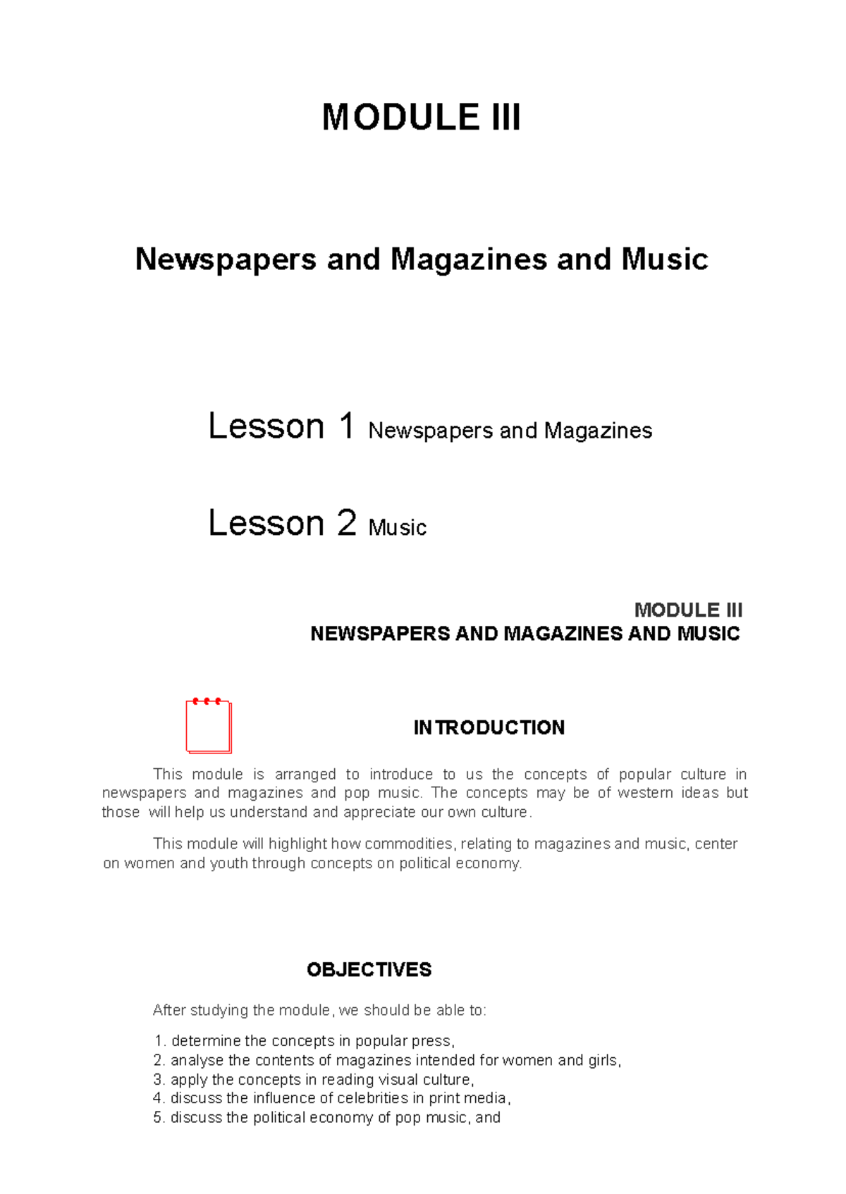Phil. Pop Culture Module 3 - MODULE III Newspapers and Magazines and ...