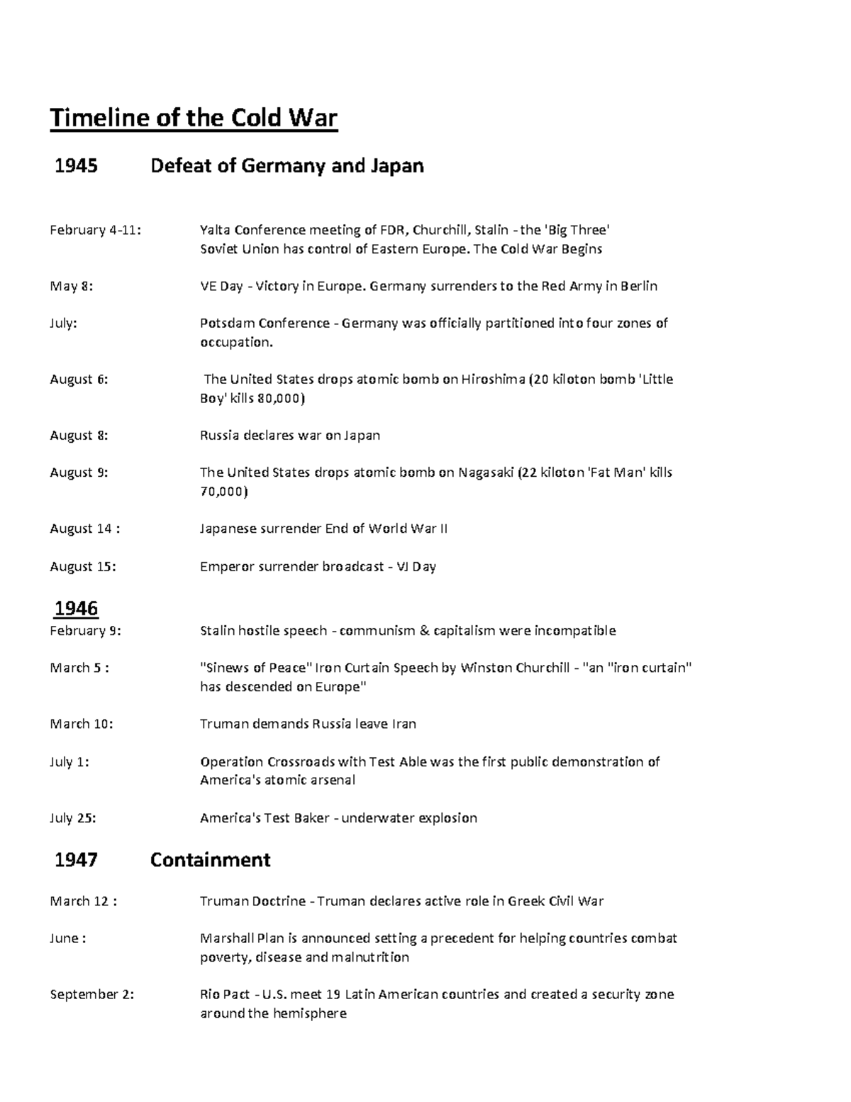Truman cold war Timeline - Timeline of the Cold War 1945 Defeat of ...