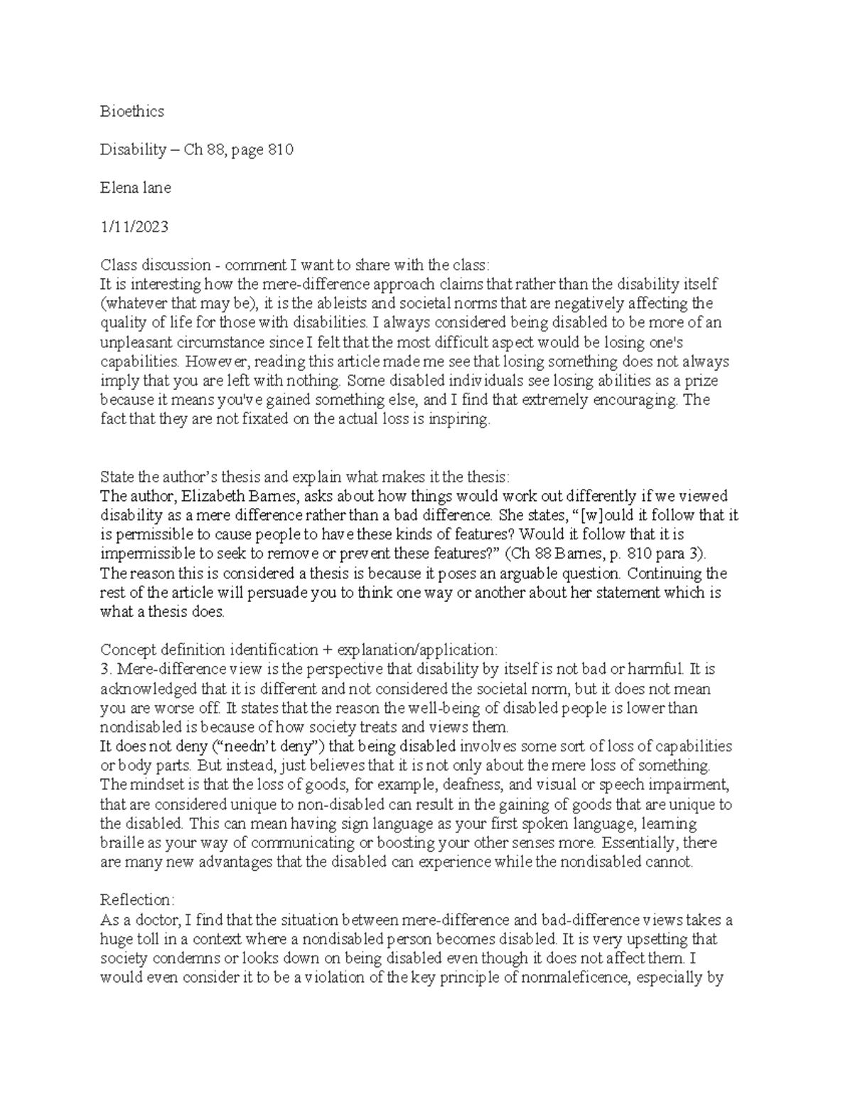 Bioethic asssignment 3 - Bioethics Disability – Ch 88, page 810 Elena ...