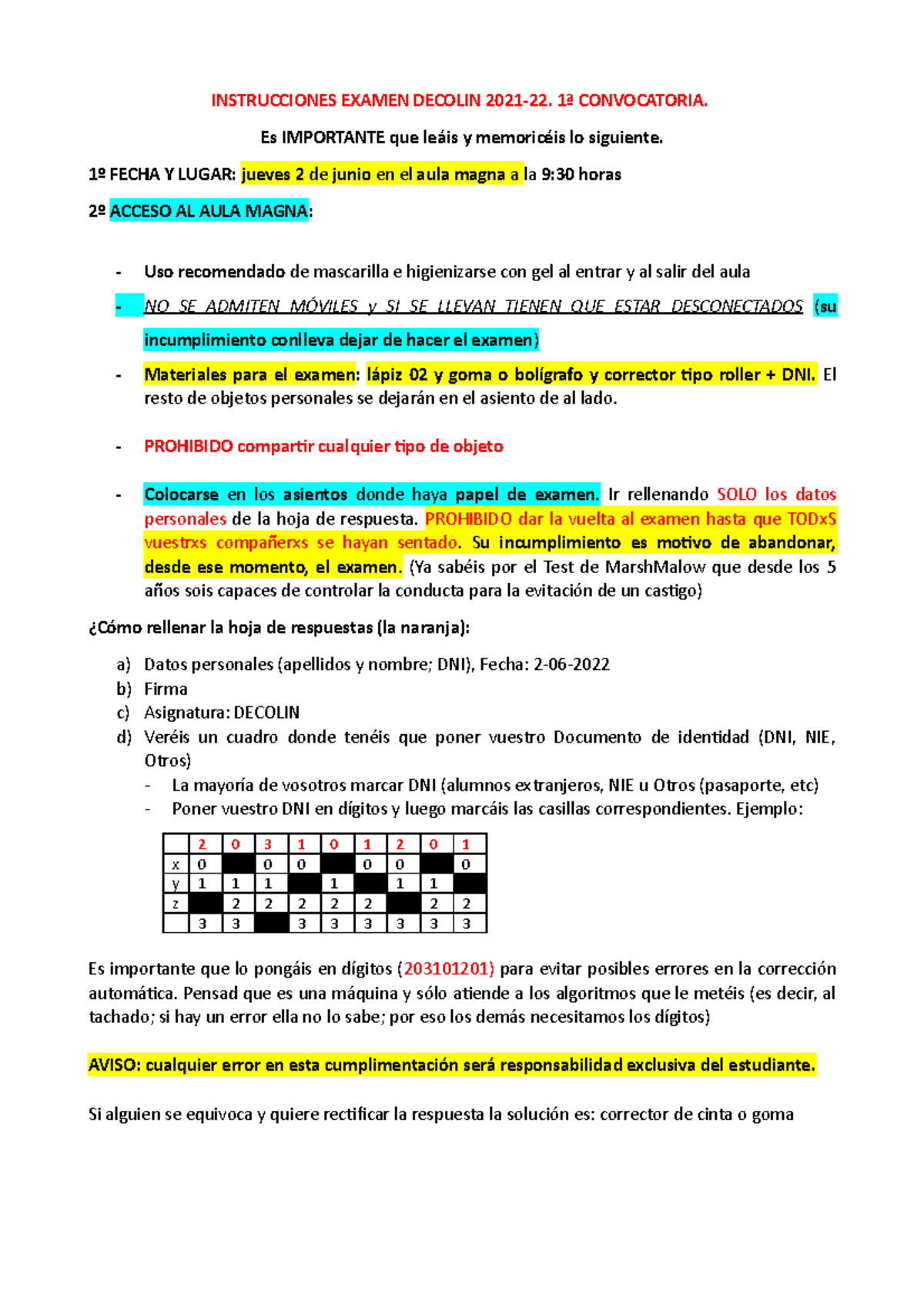 Instrucciones examen Decolin - INSTRUCCIONES EXAMEN DECOLIN 2021-22. 1ª ...