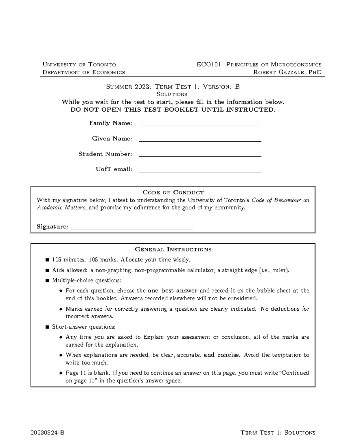 ECO101 2023 Test1 Solutions - University of Toronto ECO101: Principles ...