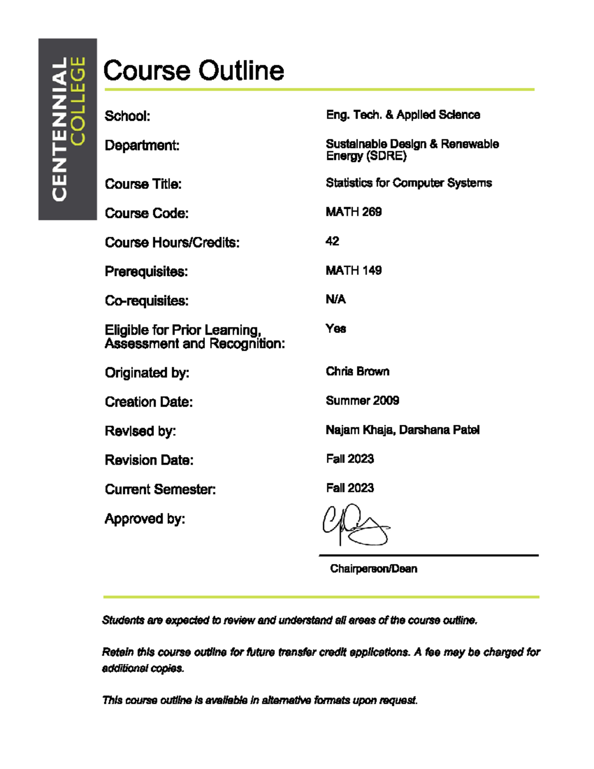 MATH 269 - 010 - Fall 2023 Course Outline (Revised) - Course Outline ...