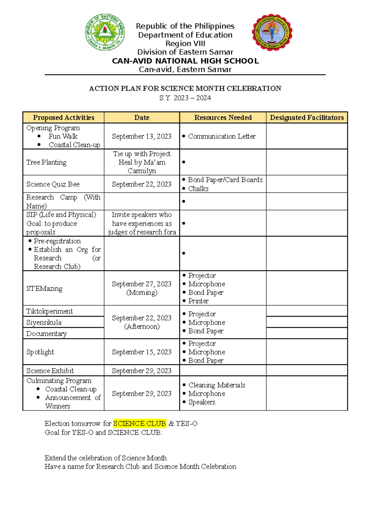 Plans FOR Science Month Celebration - Republic of the Philippines Department of Education Region ...
