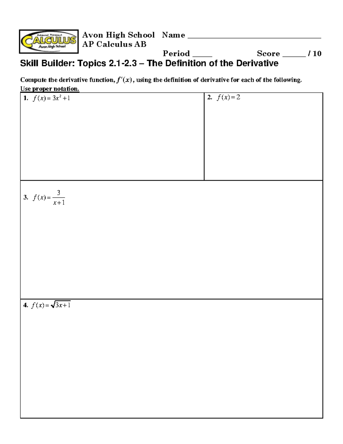 Topic 2.1-2.3 - Definition of the Derivative - Avon High School Name ...