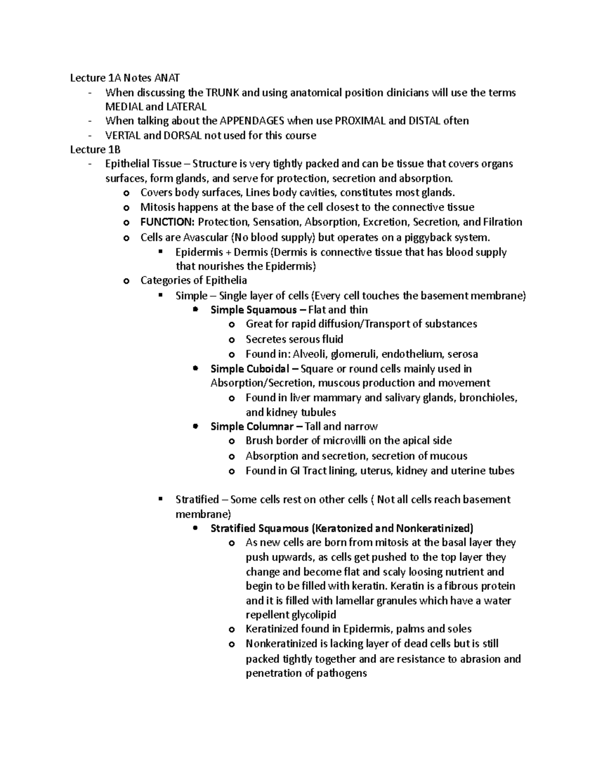 ANAT Week 1 Lecture Notes - Lecture 1A Notes ANAT - When discussing the ...