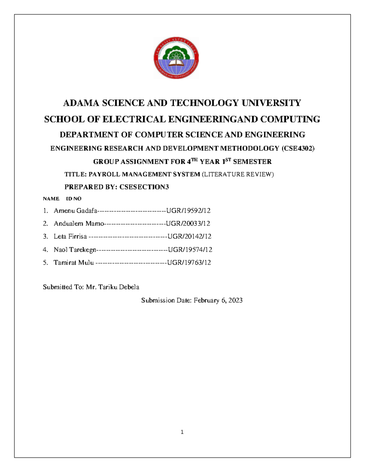 Literature Review - Submitted - 1 ADAMA SCIENCE AND TECHNOLOGY UNIVERSITY SCHOOL OF ELECTRICAL ...