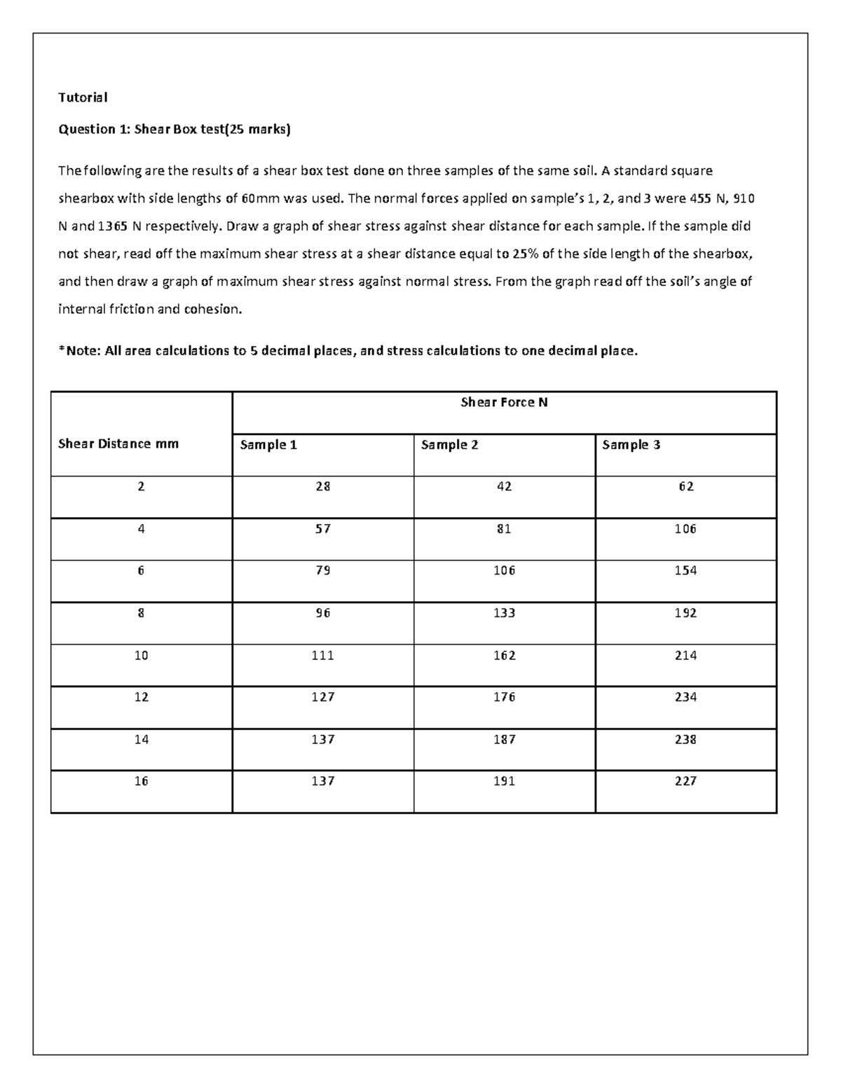 Strength of soil - tutorial - Tutorial Question 1: Shear Box test(25 ...