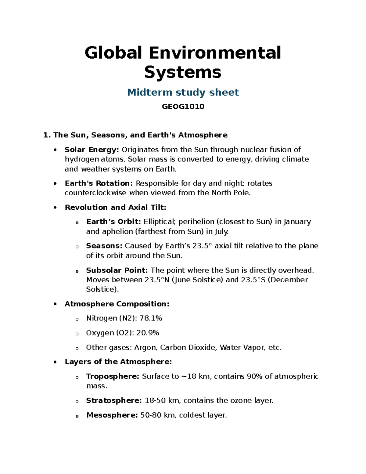 Global Environmental Systems Midterm study notes - Global Environmental ...