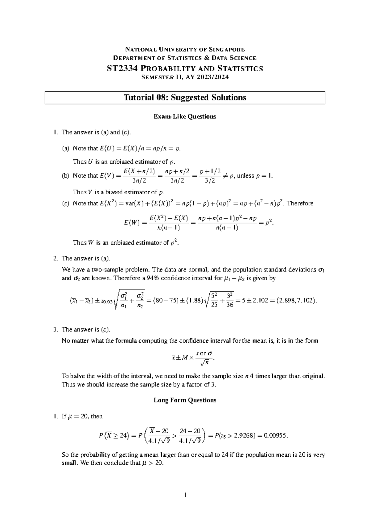 Tut08-sol - Solution to tutorial questions - NATIONAL UNIVERSITY OF SINGAPORE DEPARTMENT OF ...