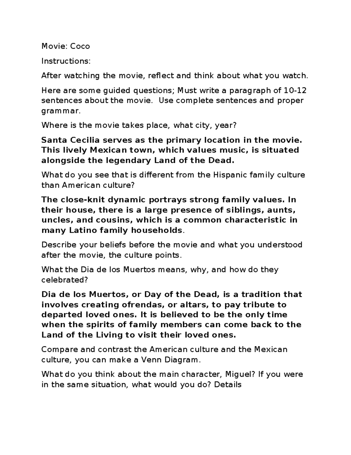 Movie Coco - Movie: Coco Instructions: After watching the movie ...