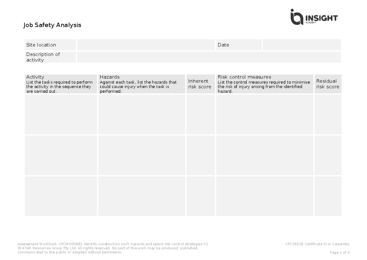 5. Task 2.1 Job Safety Analysis template - Job Safety Analysis Site ...