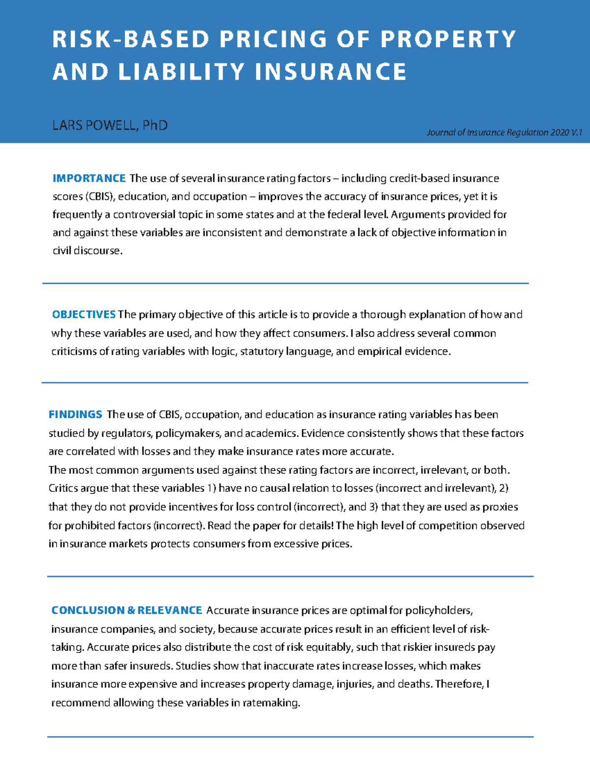 Jir za 39 04 el risk based pricing - IMPORTANCE The use of several insurance rating factors ...