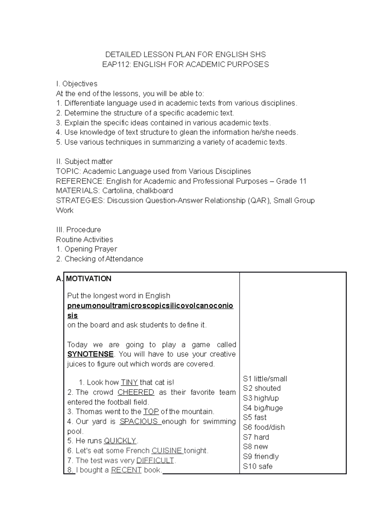 EAP Academic Language - Notes - DETAILED LESSON PLAN FOR ENGLISH SHS ...
