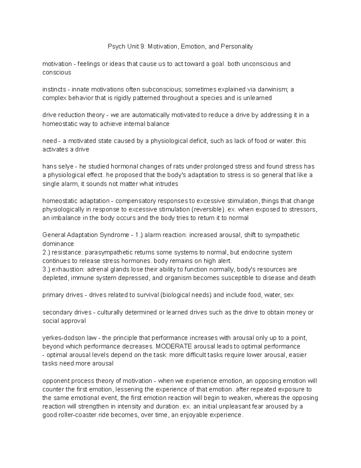 Psych Unit 9 Motivation, Emotion, and Personality - Psych Unit 9 ...