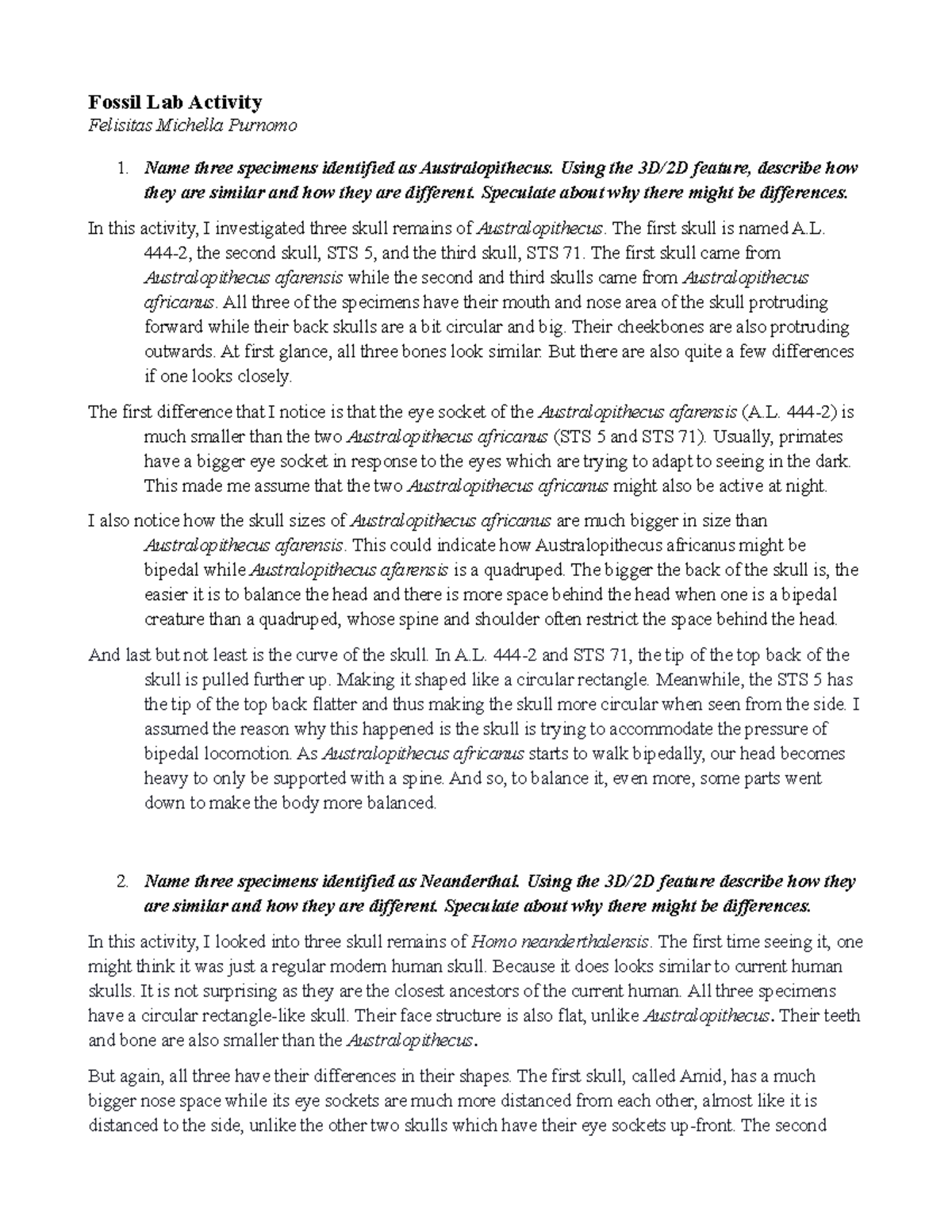 Fossil Lab Activity (Felice u1396281) - Fossil Lab Activity Felisitas ...
