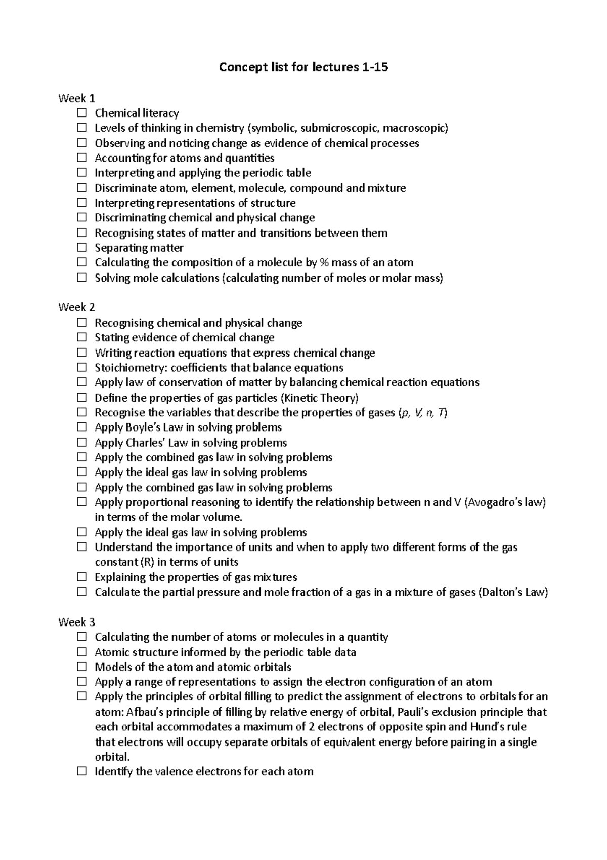 Concept list for Module 1 lectures - Concept list for lectures 1- Week ...