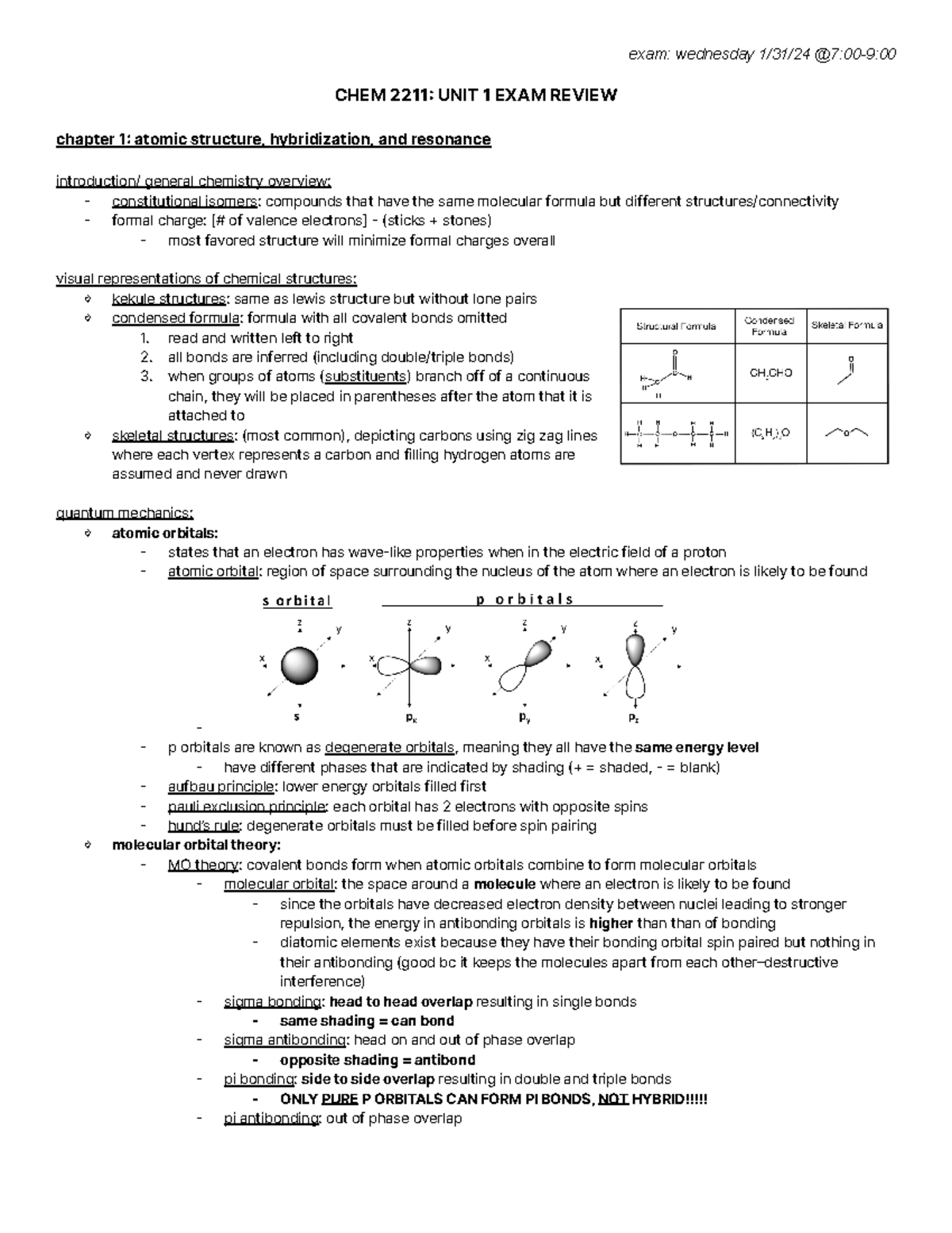 CHEM 2211 UNIT 1 EXAM Review - exam: wednesday 1/31/24 @7:00-9: CHEM 2211 UNIT 1 EXAM REVIEW ...