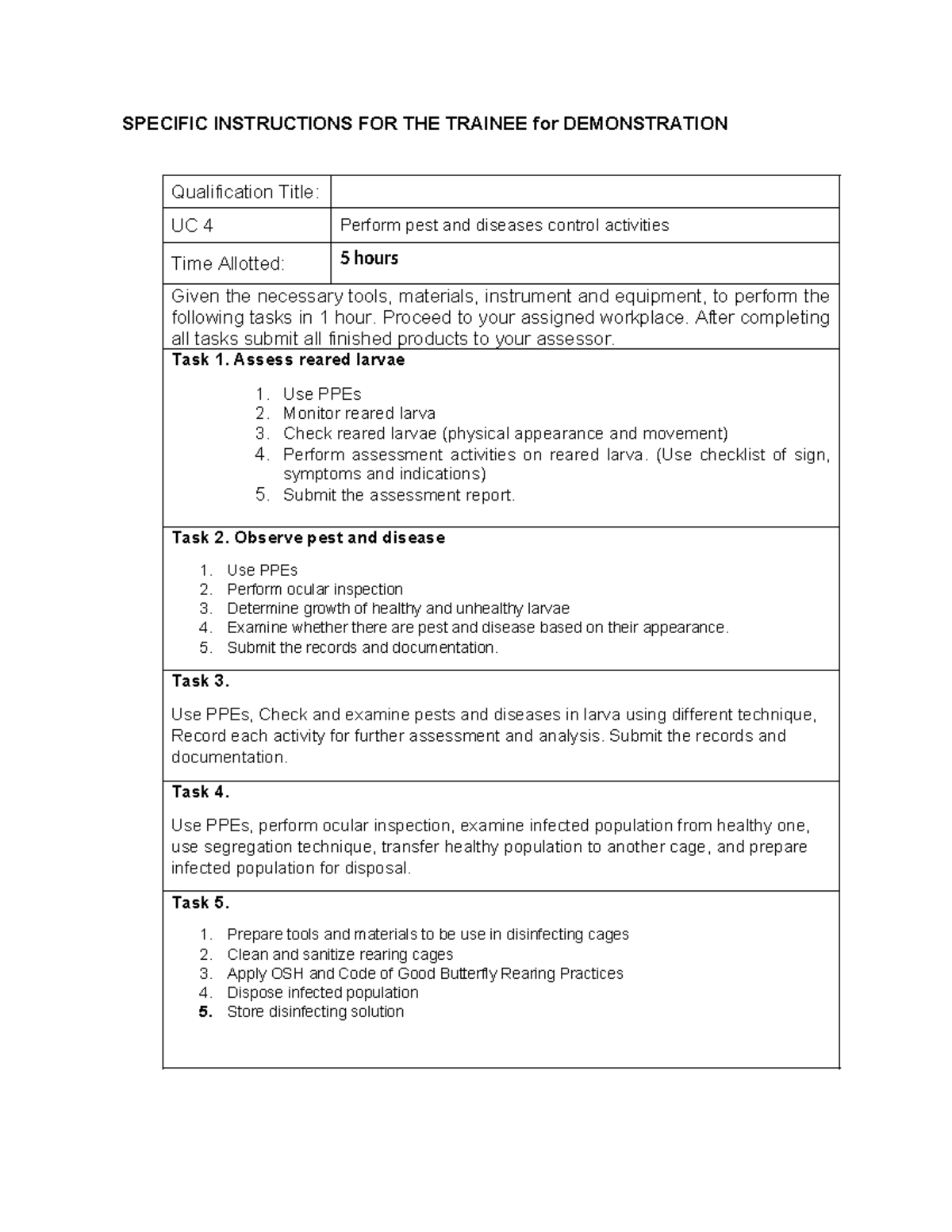 Specific Instructions FOR THE Trainee for Demonstration Package ...