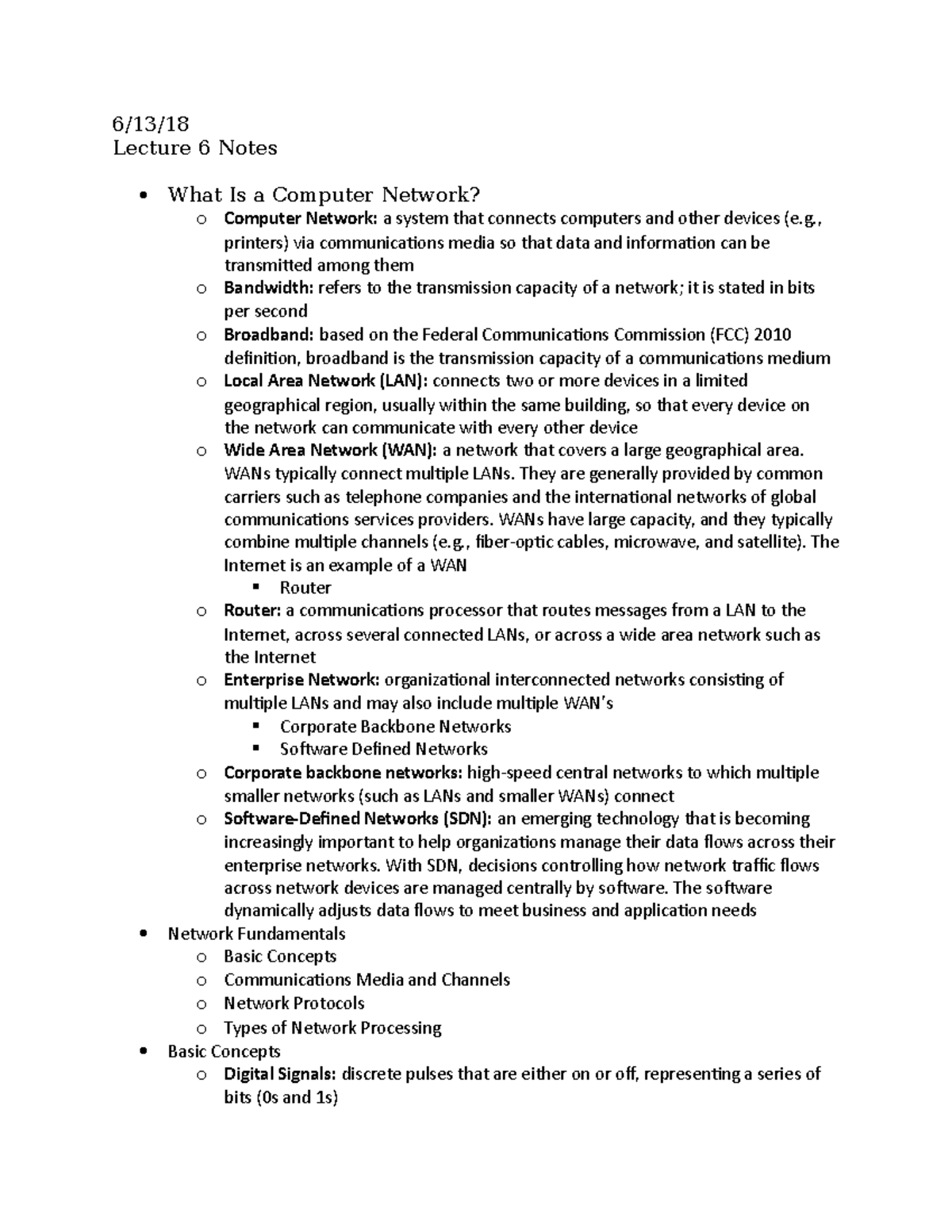 Lecture 6 Notes - 6/13/18 Lecture 6 Notes What Is a Computer Network? o ...